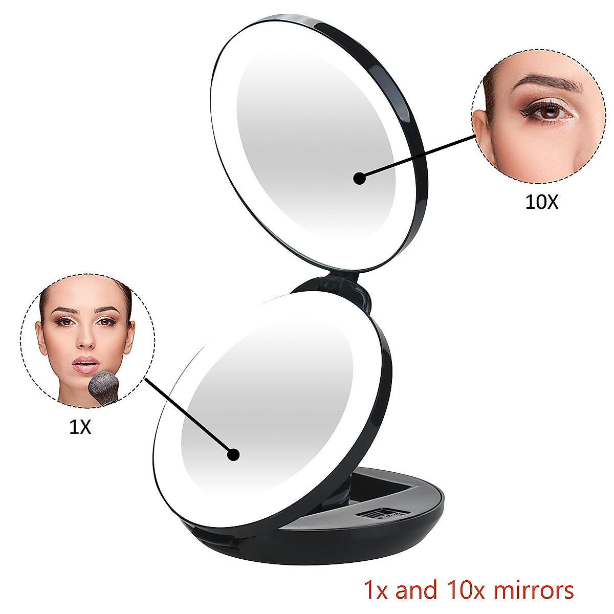 VrHere MirriM LED Lighted Travel Makeup Magnifying Mirror,Magnifies 10x and 1x, Luxury Double Side and Folding Pocket Vanity/Cosmetic Mirror (Black)