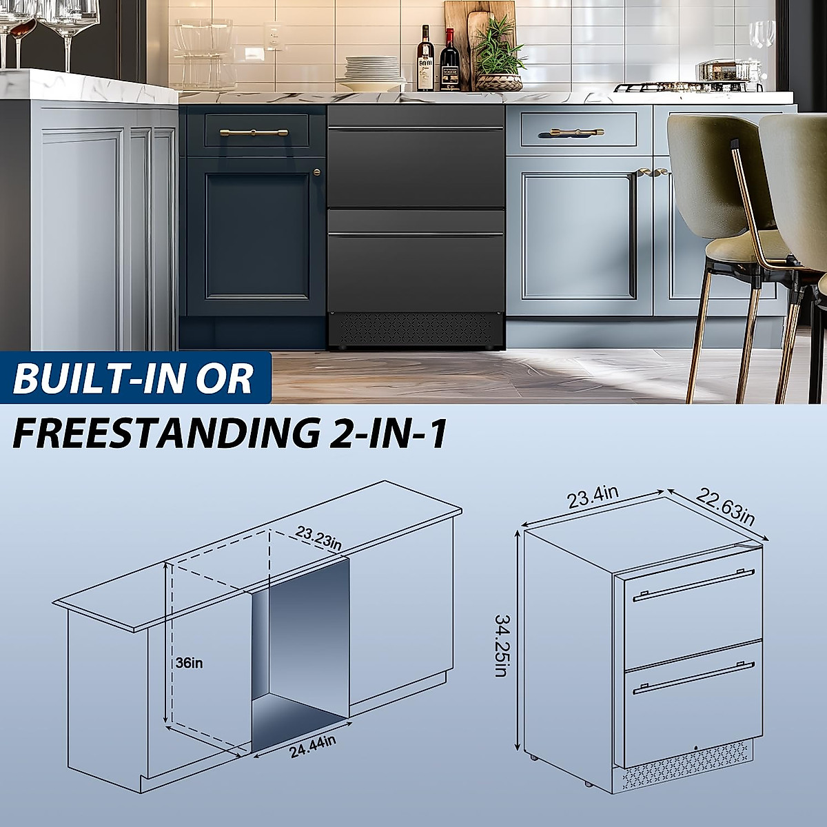 Tylza Under Counter Drawer Fridge 24 Inch, Built-in/Freestanding Beverage Refrigerator for Home and Commercial Use, Stainless Steel Material, Fast Cooling, Low Noise, Black