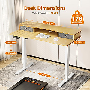 Height Adjustable Electric Standing Desk with Storage Shelf Double Drawer, 40 x 24 Inch Stand up Desk, Sit Stand Desk with Splice Board, Standing Table White Frame/Oak Desktop for Home Office