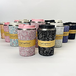 Cupcupmore 12 oz Bling Black Rhinestone Stainless Steel Coffee Tumbler,Shiny Travel Insulated Coffee Mug with Lid, Reusable Spill Proof Coffee Cup,Portable Thermal Mug for Hot and Cold