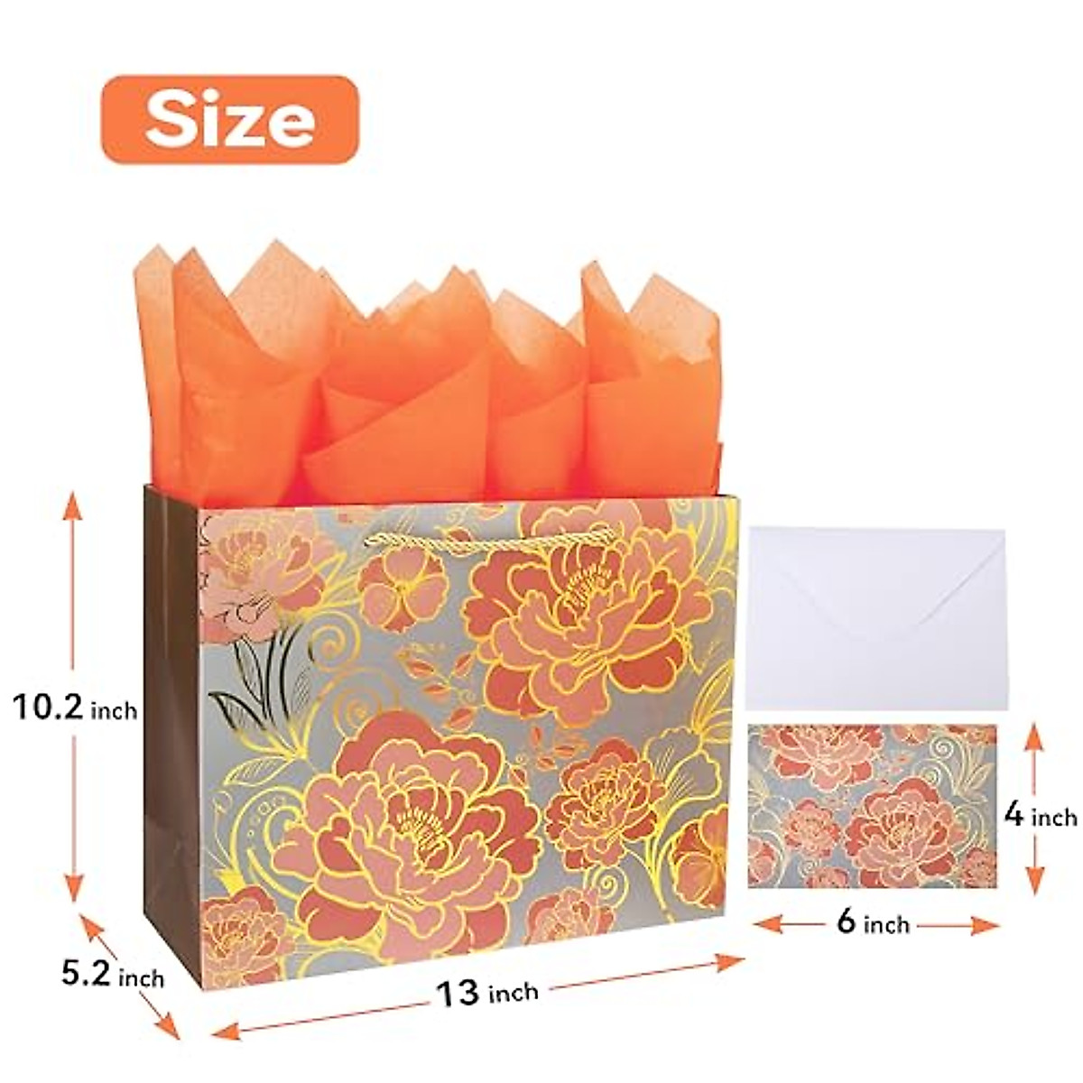 2 Pack 13" Large Rose Gold Gift Bag Set with Greeting Card and Orange Tissue Paper for celebrating birthdays,weddings,anniversaries,Mother's Day,and more-13"x10.1"x5.2”,2 Pcs.