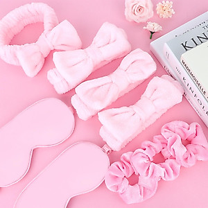 WHAVEL 18 Pcs Sleepover Party Supplies for Girls - Pink Party Favors Include 6 Spa Headband, 6 Silk Eye Mask and 6 Velvet Scrunchies for Spa Birthday, Bachelorette Party, Slumber (Pink)