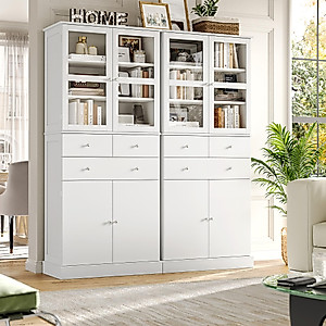 HOSTACK 71" Tall Kitchen Pantry Storage Cabinet, Freestanding Bar Cabinet with Glass Doors and Shelves, Hutch Cabinet with 2 Drawers, Cupboard for Living Room, Dining Room, White