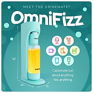 Drinkmate OmniFizz Sparkling Water and Soda Maker, Carbonates Any Drink, PARTY PACK - Includes two 60L CO2 Cylinders, three Carbonation Bottles, and two Fizz Infusers (Arctic Blue)
