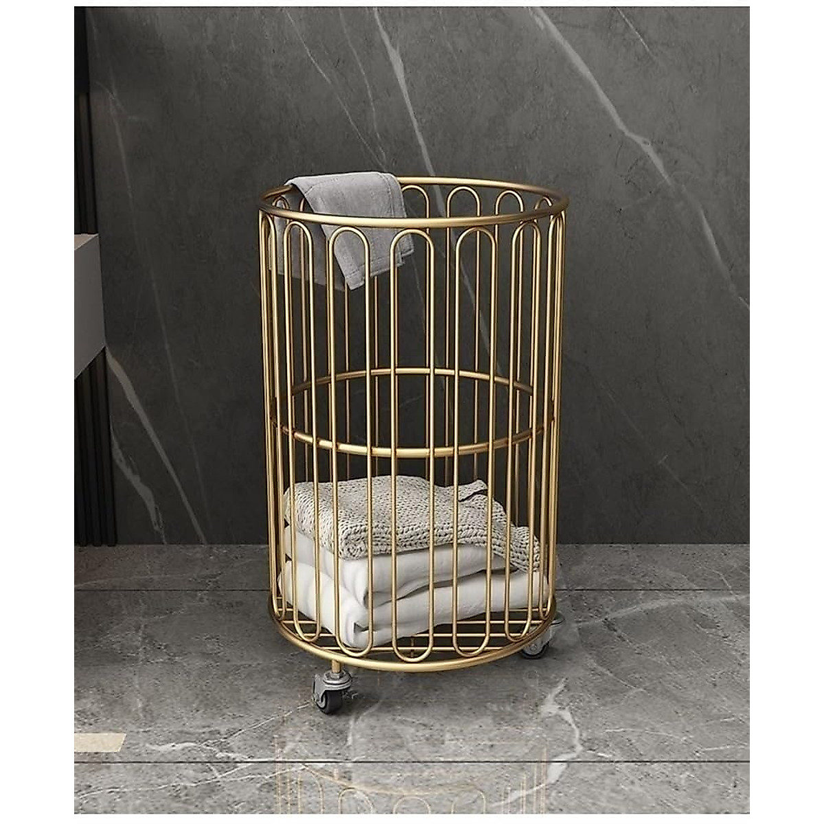 OVARIA Rolling Hamper with Wheels, Round Mesh Metal Laundry Hamper, Square Clothes Basket, Laundry Rolling Cart for Bathroom Bedroom Storage Dirty Clothes Storage(Color:Gold,Size:Round)