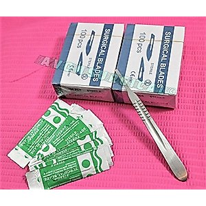 Cynamed 200 Sterile Scalpel Blades #21 Sterile Carbon Steel + 1 Scalpel Handle #4 -for Biology Lab Anatomy, Practicing Cutting, Medical Student Training, Sculpting, Repairing