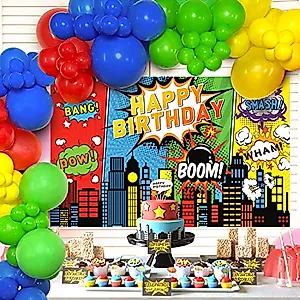 Happy Greetings 108 Pcs Super hero party decorations Balloons Arch Garland Kit, Superhero Birthday Party Backdrop hero Comic City Skyline Buildings Backdrop Theme Photo Booth 1st 2nd Bday For Kids Boy