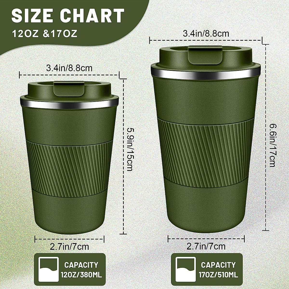 Insulated Coffee Tumblers with Flip Lid 12oz / 17oz, Stainless Steel Travel Coffee Mug Leak Proof, Vacuum Insulated Coffee Mug Thermos Cup, Keeps Cold and Hot for Coffee Tea
