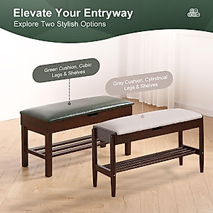 Buzleer Solid Wood Shoe Bench with Lift-Up Cushion Storage 2-Tier Shoe Rack for Front Door Entrance Hallway Benches with Hidden Storage (Walnut Green, 31.5in)