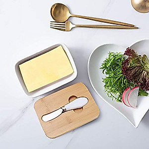 YCOCO Large Butter Dish with Lid,Ceramic Butter Container With Airtight Cover,Butter Keeper Double Silicone Seals with Knife for kitchen,Holds 2 Standard Stick,White
