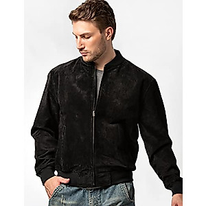 FLAVOR Men's Leather Baseball Jacket Vintage Suede Pigskin (X-Large, Black)
