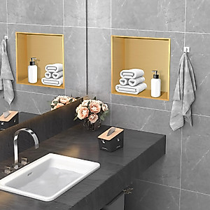 Elefloom Shower Niche, Stainless Steel Modern Bathroom Niche, No Tile Needed Recessed Shower Shelf Organizer for Storage, Golden, 12"×12"