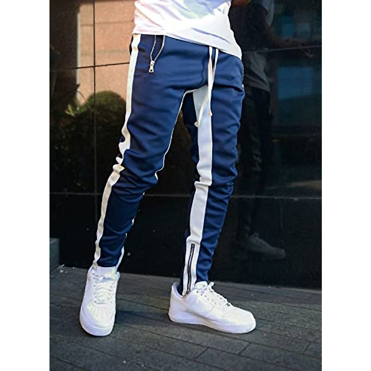 Bysan Men Drawstring Sweatpants Jogging Pants with Zipper Pockets for Athletic Workout Gym Running (055-Blue M)