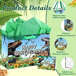 Dinosaur Birthday Gift Bag for Boys Girls Kid Dinosaur Happy Birthday Favor Bag Dinosaur Birthday Wrapping Paper Bag with Tissue Paper and Greeting Card for Dinosaur Birthday Christmas Party Supplies