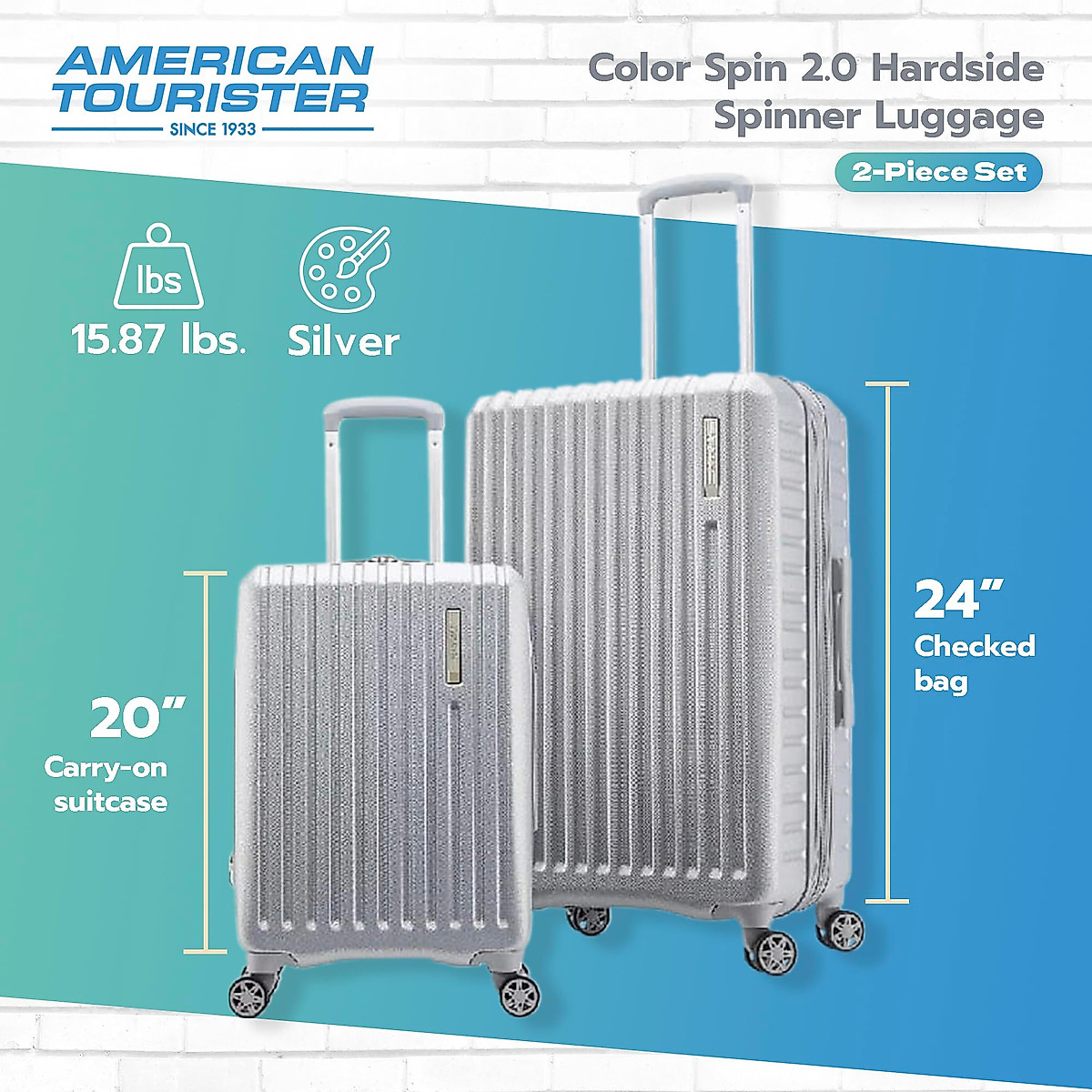 American Tourister Color Spin 2 Piece Carry-On Luggage Suitcases with Wheels, Adjustable Handle, and Elastic Cross Straps, Silver