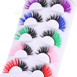 Colored Mink Lashes Fuffy 5 Colour Mixed Natueal Length Cat Eye Lashes with Half Color Dramatic Wispy Eyelashes Red Pink Green Blue Purple Soft Lashes Pack