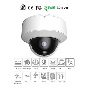 Titanium IP-5VP5S31/28 5MP IR 2.8 Fixed Dome Network Camera, 1/2.7" CMOS Sensor, 2592x1944 Max. Resolution, 20~30m IR Night View Distance, Support Three Streams, IP67, IK10