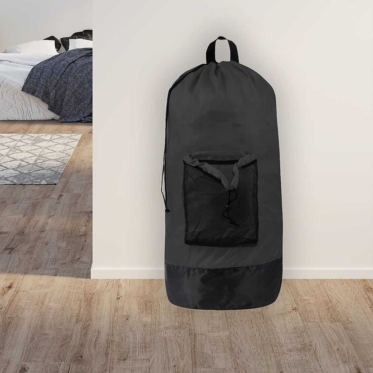 Laundry Bag Backpack with Shoulder Straps and Mesh Pocket Clothes Hamper Bag with Drawstring Closure for College, Travel, Laundromat, Apartment (Charcoal Grey)