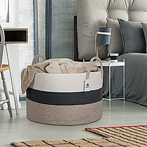 Extra Large Woven Cotton Rope Basket 21.7"X13.8" | XXXL Storage Basket Kid&Baby Clothes Hamper Laundry Bin Nursery with Handles for Toys,Towels,Pillows-Decor Blanket Basket Living Room