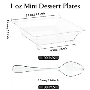 Zezzxu 100 Pack 1 oz Mini Dessert Plates with Spoons Reusable Plastic Appetizer Trays Square Small Party Serving Bowls for Trifle, Cheesecake, Chocolate Truffles, Ice cream