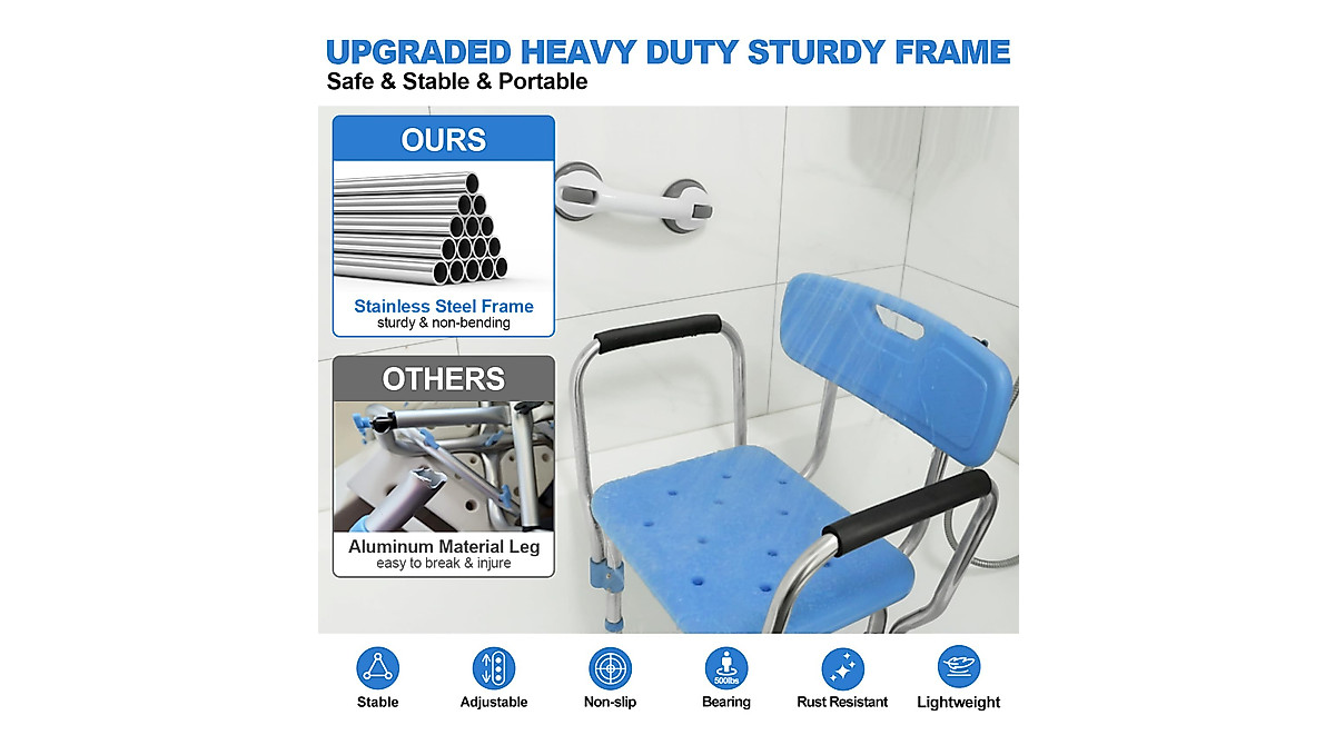 Heavy Duty Stainless Steel Shower Chair for Safe Bathing - Supports 500LB