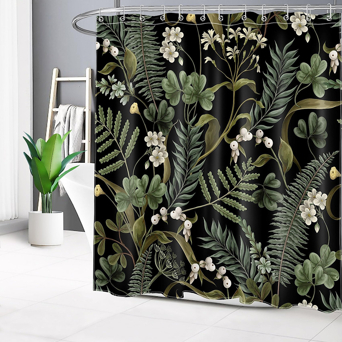 EOBTAIN Green Leaf Shower Curtain for Bathroom Vintage Floral and Fern Plant Leaves on Black Fabric Shower Curtain with 12 Hooks Boho Botanical Bathroom Curtains Shower Set 72x72 Inch