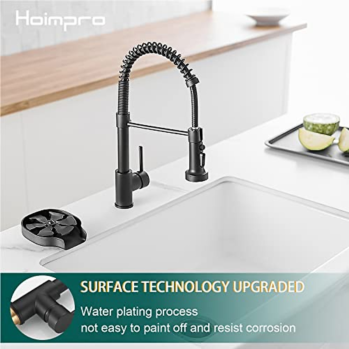 Hoimpro Matte Black Spring Kitchen Faucet with Pull Down Sprayer, Rv Black Kitchen Sink Faucet with Pull Out Sprayer,3 Function Single Handle Laundry Faucet with Cover Plate,Brass(Single or 3 Hole)