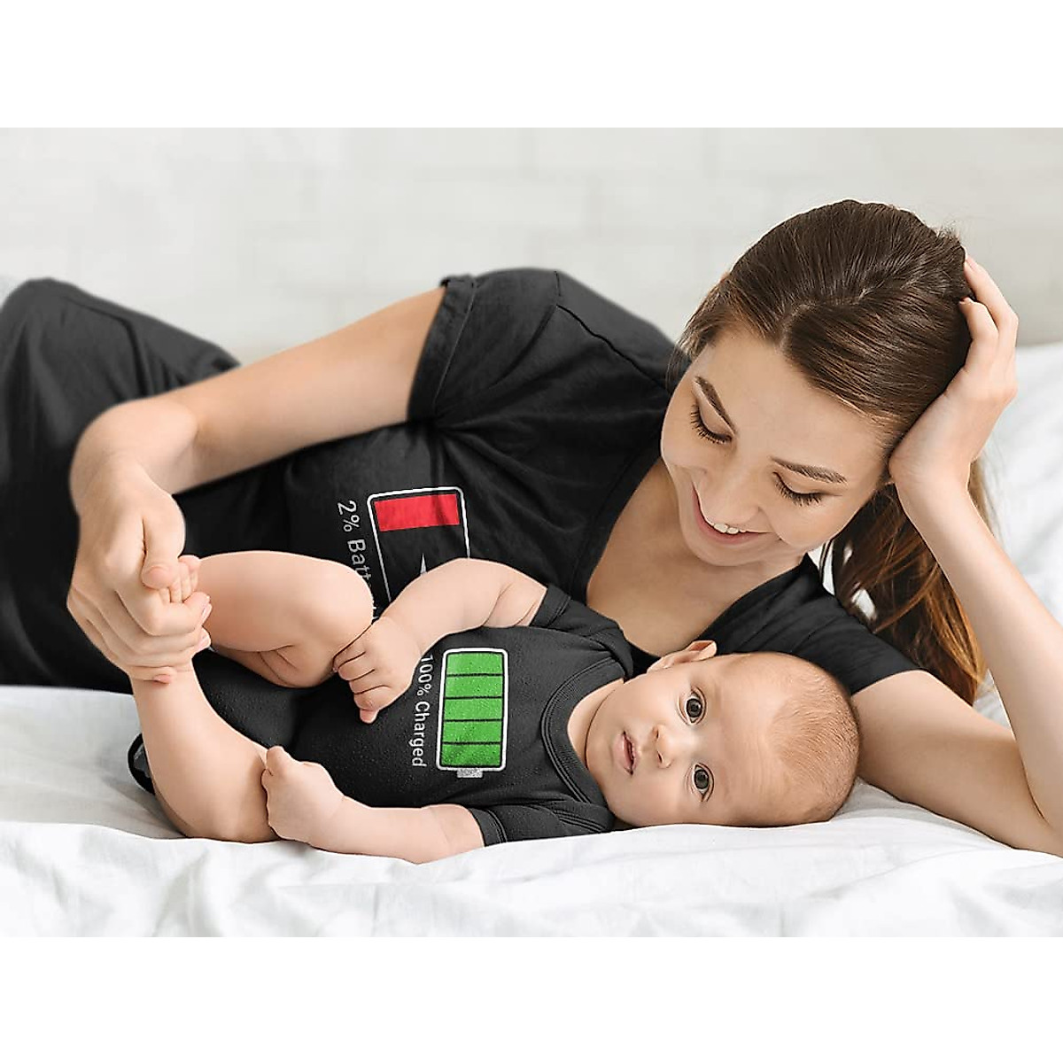 Tstars Battery Low 100% Charged Mommy and Baby Girl Boy Matching Outfits Funny Mothers Day Mother & Daughter Son Shirts Mom Black Medium/Baby Black Newborn (0-3M)