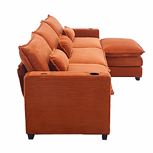 KIVENJAJA Corduroy Cloud Sectional Couch, Modern Comfy Modular L-Shaped Sectional Sofa with Ottoman, Cup Holders & USB Port for Living Room Apartment, 117.7”W, Orange