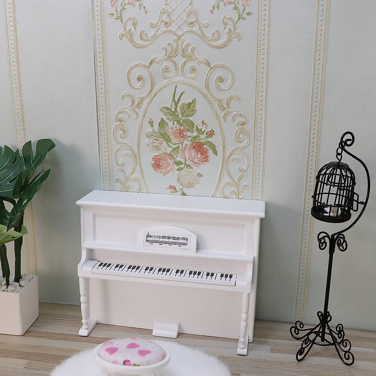 Dollhouse Grand Piano Model with Stool 1:12 Scale Miniature Musical Instrument Desk Ornaments Gift Wooden Elegant Mini House Decoration Artificial House Furniture Accessories (White)
