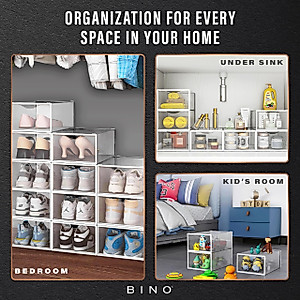 BINO 12-Pack Plastic Stackable Shoe Box Set - Clear | Foldable Shoe Storage Container | Sneaker Bins | Shoe Rack Box | Transparent | Portable Stacking Shoe Boxes Front Open
