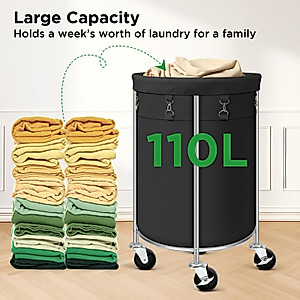 Laundry Hamper with Wheels, Rolling Laundry Basket, Round Laundry Sorter Cart with Steel Frame and Removable Bag, 4 Casters and 2 Brakes, Ideal for Bedroom, Bathroom, Laundry Room, Black