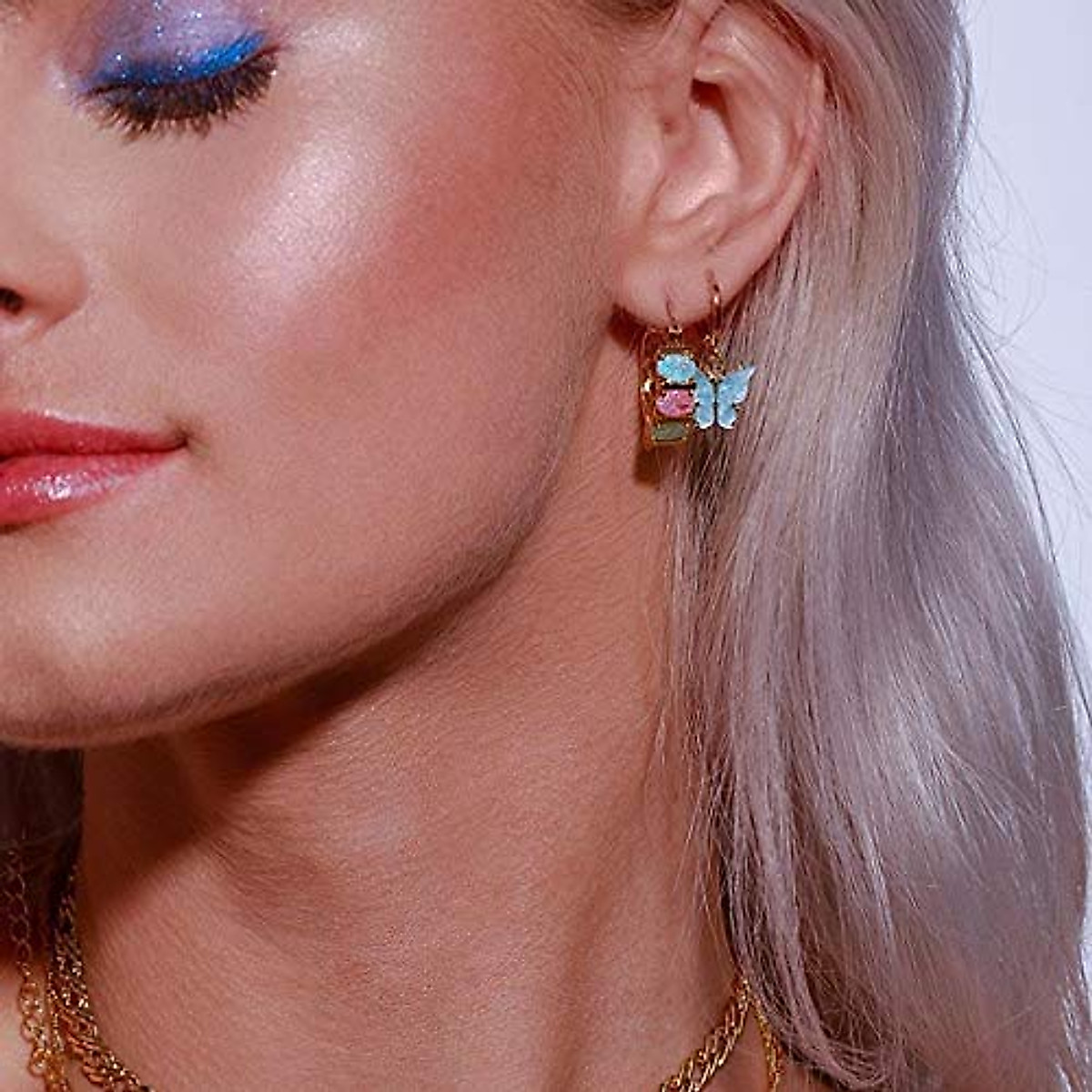 Small Gold Hoop Butterfly Earrings, DORAFO 6 Pairs Colorful Gold Huggie Hoop Dangle Earrings, Cute Dangling Acrylic Butterfly Earrings Set for Women - Mix Colors