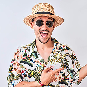 Boater Hats for Men Women Straw Skimmer Hat Wide Brim Halloween Christmas Costume(Black Band)