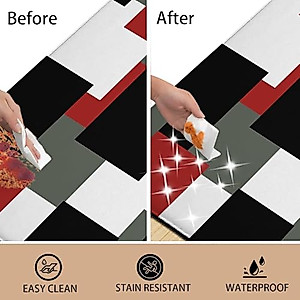 chiinvent Red Black Kitchen Rugs Mats Set of 2 Cushioned Anti Fatigue Kitchen Floor Mat White and Grey Geometric PVC Non-Slip Waterproof Comfort Standing Mats for Kitchen Office, 17"x 47"+17"x 28"