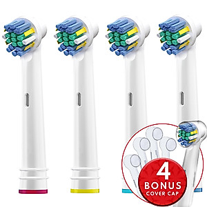 Replacement Brush Heads Compatible with Oral B Floss Action, Oral-B Braun 4 Pack + 4 Bonus Cover Cap. Compatible w/Vitality Floss Action, Oral-B 7000, 9000, Pro 1000, Kids