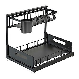 Organizer and Storage, Under Sink, Countertop, Bathroom Vanity Top, Cabinets, Tabletop Storage Organizer +GIFT 4 Hooks and Hanging Cup, 2 Tier, Bathroom or Vanity, Slide Out Shelf, Black Metal No rust