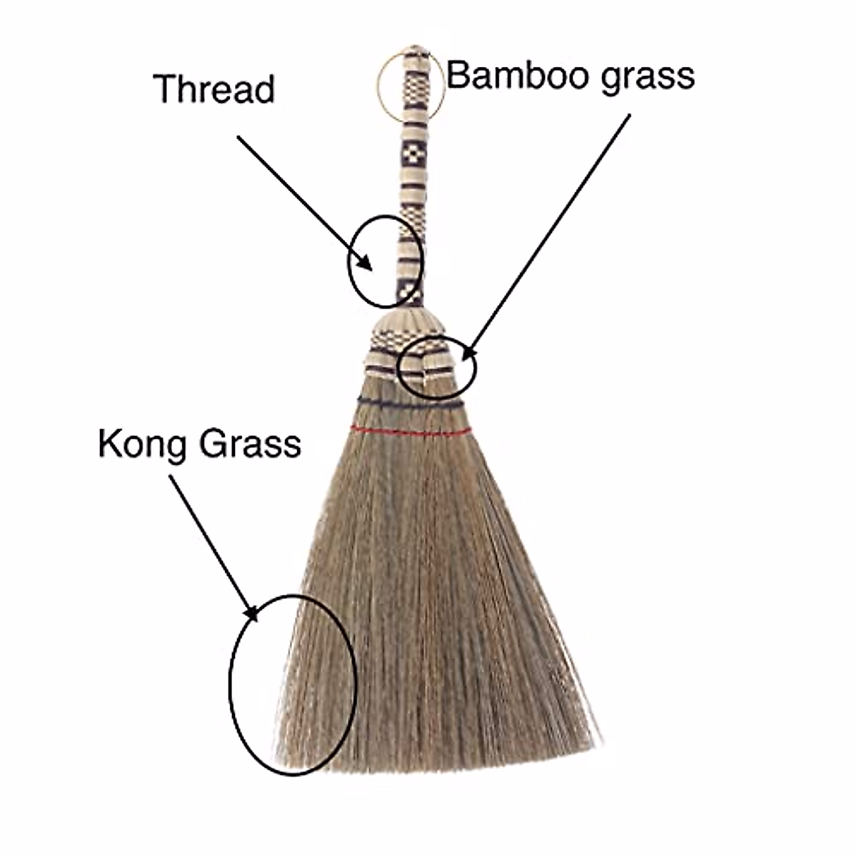 SN SKENNOVA - (Tiny Size) 11 inch Short of Asian Whisk Broom Thai Natural Straw Broom with Embroidery Nylon Thread Handle with Nylon Hanger