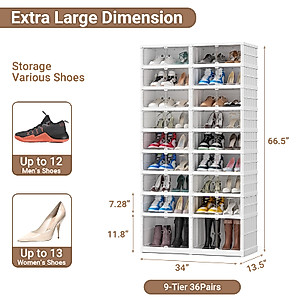 BROVIEW 9 Tier 36Pairs Plastic Shoe Storage Organizer Boxes, Large Collapsible Stackable Shoe Rack for Closet Entryway, Folding Shoe Storage Cabinet Container Sneaker Bin with Clear Doors, White
