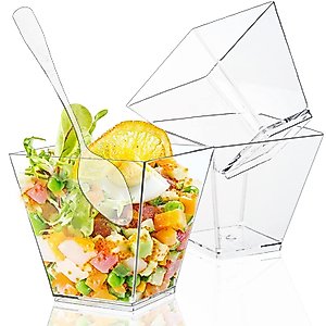 50 Pack 3.5 Oz Plastic Mini Square Dessert Cups with Spoons,Plastic Parfait Appetizer Cup,Disposable Plastic Cups for Puddings Mousse Desserts