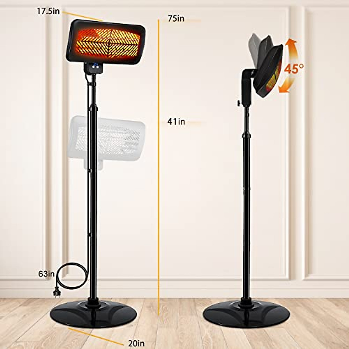 KEY TEK Outdoor patio Heater 1500w Garage Heater With Timer, 3 Modes Fast Heating , Height & Angle Adjustable ,Tip-Over & Overheat Protection, Wall-Mounted/Standing