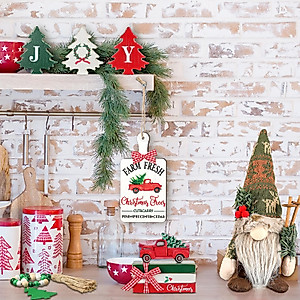 Christmas Tiered Tray Decor Christmas Book Stack Wooden Truck Tree Decor Farm Fresh Christmas Trees Wooden Block Sign Farmhouse Xmas Tree Gnomes Plush Beads Garland Decor Set for Home Table (Joy)