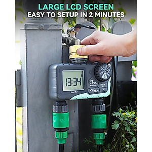 RAINPOINT Water Timer for Garden Hose - Sprinkler Timer with Brass Swivel - Rain Delay/Manual Watering/Automatic Irrigation Controller System Hose Timer Programmable Faucet Timer for Yard, 2 Outlet