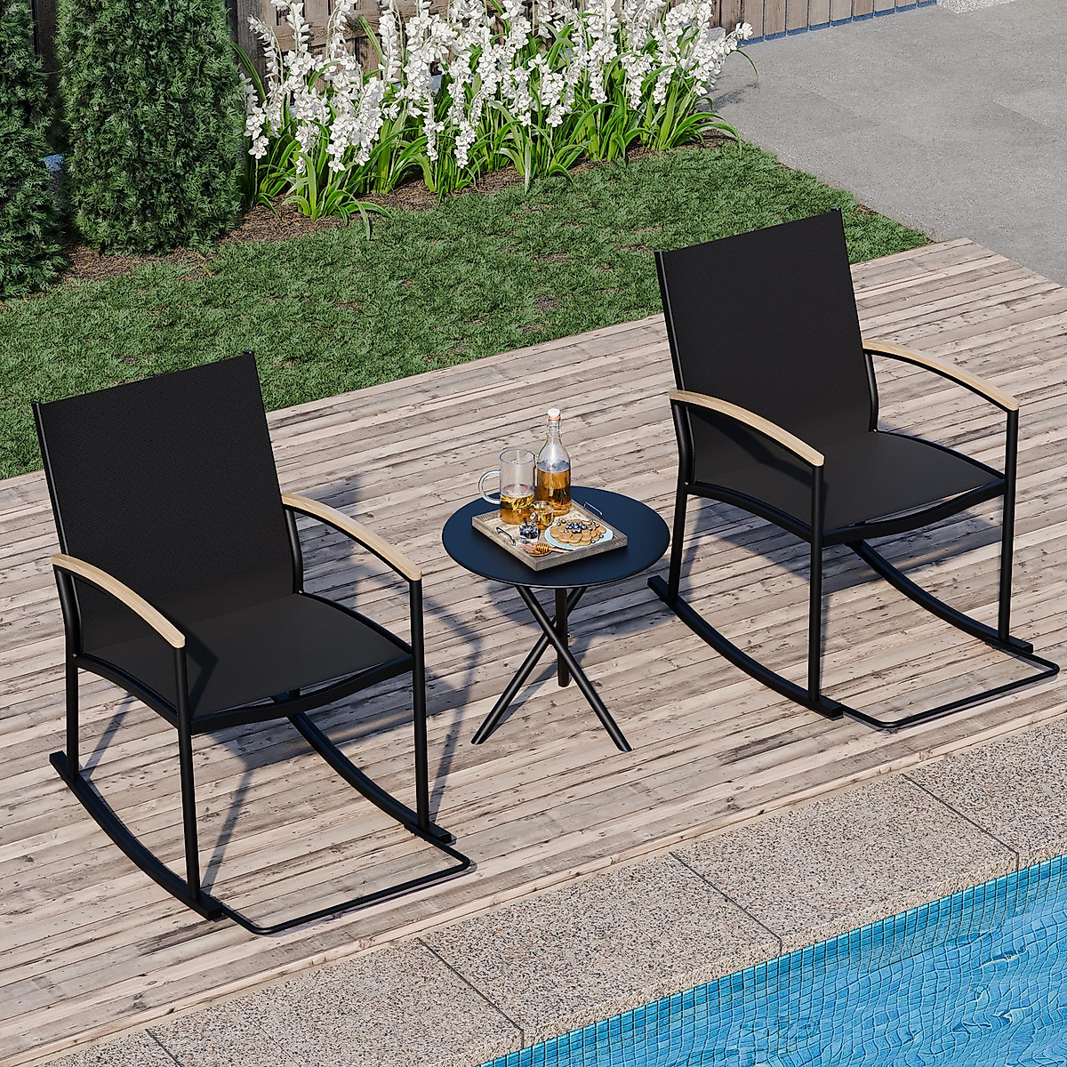 JAMFLY 3 Pieces Patio Set Outdoor Patio Furniture Sets, Modern Rocking Bistro Set Textilene Chair Conversation Sets with Detachable Pedal and Coffee Table (Black)
