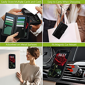 Varikke for iPhone 15 Pro Max Wallet Case Detachable with Card Holder for Women, Fashion Glitter PU Leather Strap Magnetic Flip Wallet Removable Phone Case Cover for iPhone 15 Pro Max 6.7", Black