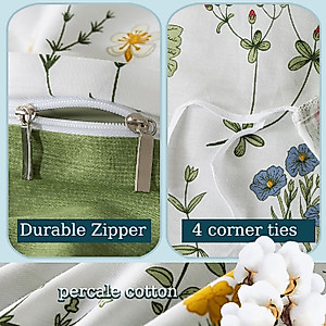 Zusbest Floral Duvet Cover Queen 100% Percale Cotton Botanical Garden Flower Printed Bedding Reversible Green Yellow Leaves Pattern Comforter Covers French Country Bedding Soft 3Pcs-Not Comforter