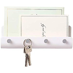 LuoCoCo Plastic Mail Key Holder for Wall, Modern U Shape Letter Shelf Organizer with 4 Hooks and 2 Self Adhesive Tape for Entryway Kitchen Bathroom Office Holding Phones Purse Masks White/Grey (White)
