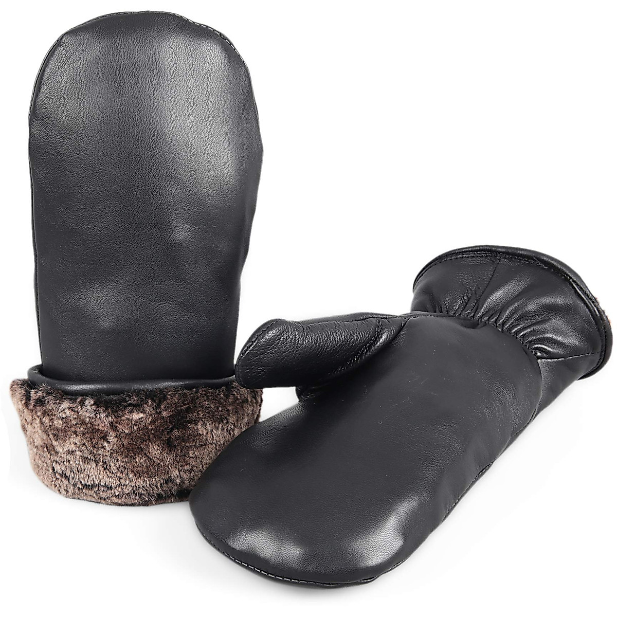 Zavelio Unisex Premium Shearling Sheepskin Fur Lined Leather Mittens Black Large