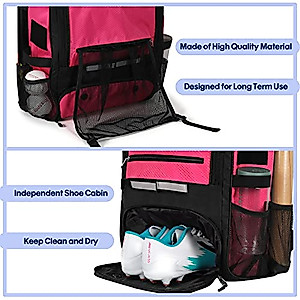 Baseball Softball Bag for Girls and Adults, Baseball Bag with Separate Shoe Compartment, Large Baseball Backpack, Softball Backpack with Fence Hook, Baseball Bat Bag with 4 Side Sleeves Pink