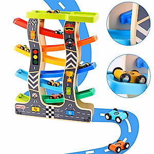 Lewo Wooden Montessori Car Ramp Toys for Toddlers 1-3, Race Car Tracks Baby Toys with 8 Mini Car and 1 Garage, Christmas Birthday Gifts for Toddlers Boys and Girls 1 2 3 4 Years Old